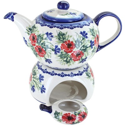 Blue Rose Polish Pottery Cherry Red Bouquet Teapot With Warmer & Candle ...