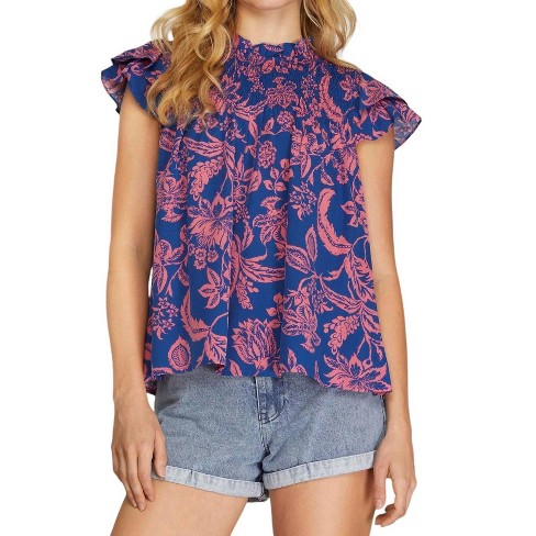 Women's Double Layered Flutter Sleeve Print Top W/smocked Yoke - She ...