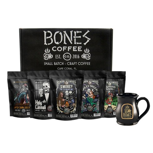 Bones Coffee Company Favorite Flavor Sample Pack With Mug 4 Oz Pack Of 5 (ground) : Target