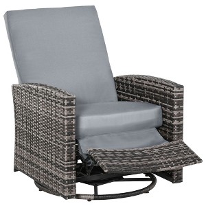 Outsunny Patio Wicker Recliner Chair with Footrest Outdoor PE Rattan 360 Swivel Chair with Soft Cushion Lounge Chair for Patio Garden Gray