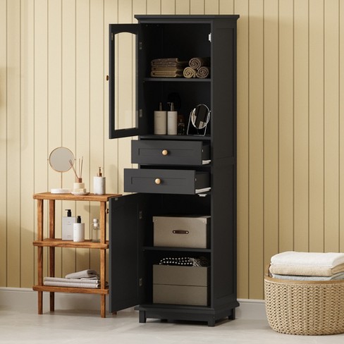 Tall Freestanding Bathroom Storage Cabinet With Glass Doors, 2 Drawers ...