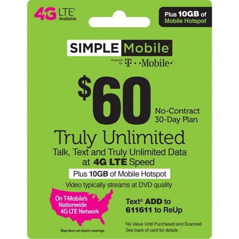 Simple Mobile $60 Unlimited Talk Text Data Prepaid Card (Email Delivery ...