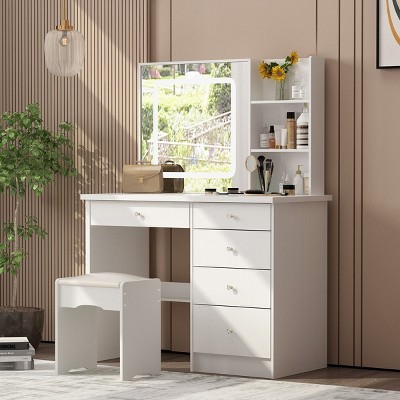 Famapy White Makeup Vanity Set With Stool And 3 Color Touching Mirror ...