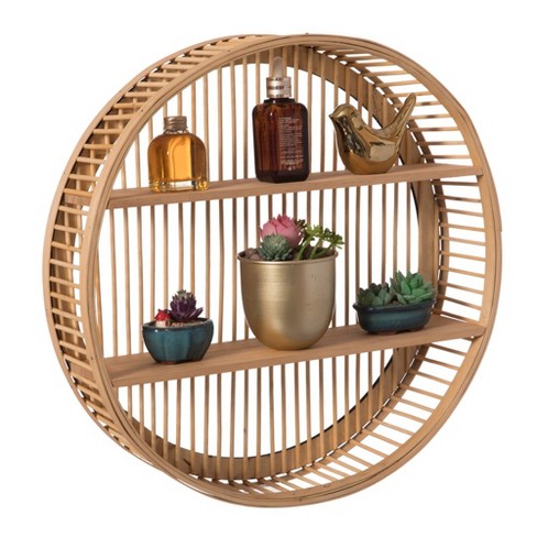 Vintiquewise Decorative Rattan Round Display Shelf With 2 Shelves For ...