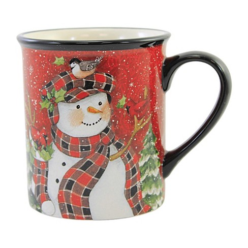 Tabletop Christmas Lodge Snowman Mug. Pine Trees Birds Beverage ...