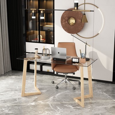 Famapy Clear Glass Desk With Rubberwood Frame Contemporary Design ...