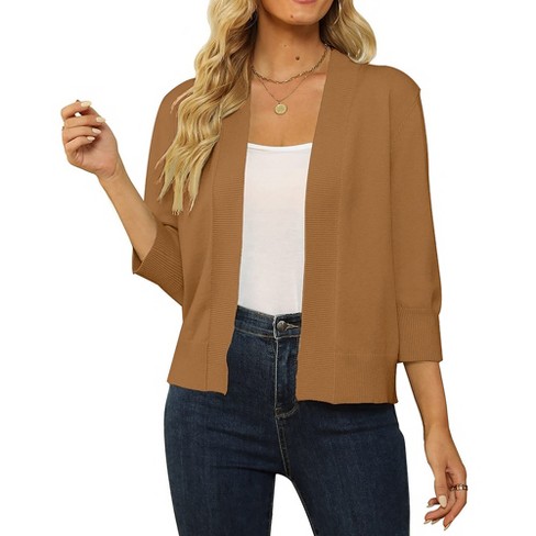 Women's 3/4 Sleeve Cropped Cardigan Sweater Open Front Short Shrugs ...