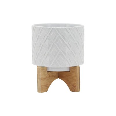 Sagebrook Home 5" Wide Chevron Pattern Ceramic Planter Pot With Wooden ...