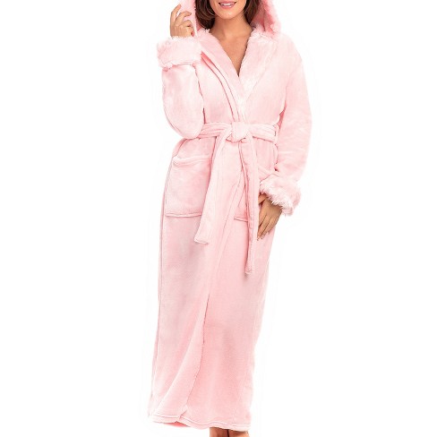 Women's Winter Robe With Faux Fur Feather, Plush Fleece Hooded Bathrobe ...
