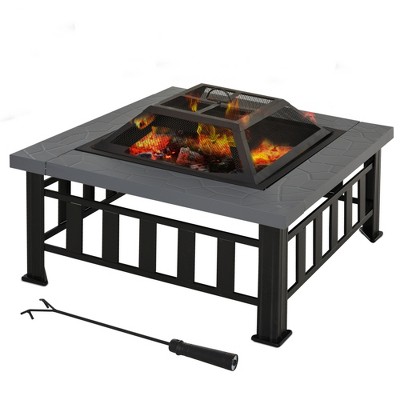 Outsunny 34" Outdoor Fire Pit Square Steel Wood Burning Firepit Bowl ...