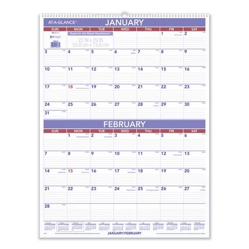 Two-month Wall Calendar, 22 X 29, White/blue/red Sheets, 12-month (jan ...