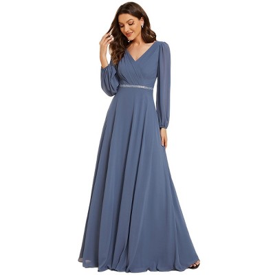 Dusty Blue A Line Women's Formal Dresses Shiny Belt Chiffon Evening ...