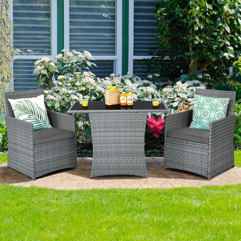 Costway 3PCS Patio Rattan Furniture Set Cushioned Sofa Armrest Garden Gray
