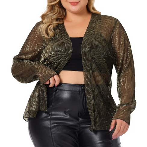 Agnes Orinda Women's Plus Size Metallic Sheer Open Front Long Sleeve ...