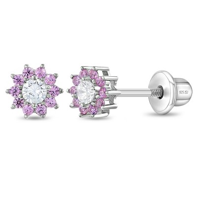 Girls' Pink & Clear Flower Screw Back Sterling Silver Earrings - In ...