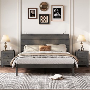 3-Pieces Rustic Queen Platform Bed Frame with Headboard and Lights ...