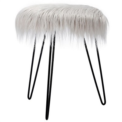 Birdrock Home Round Faux Fur Foot Stool Ottoman - Grey With Black Legs ...
