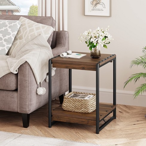 20" Square Farmhouse Wood Storage End Table With 2 Tier Shelf For ...