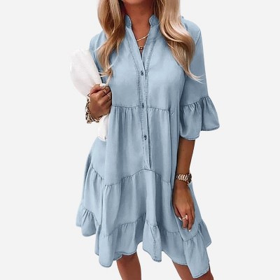Women's Short Sleeve Tiered Flounce Denim Dress - Cupshe - Blue : Target