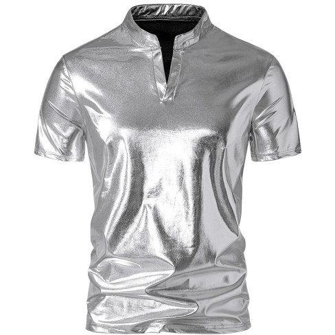Inspire Chic Men's Short Sleeves Stand Collared Shiny Disco Party Metallic T-shirt Silver Small ...