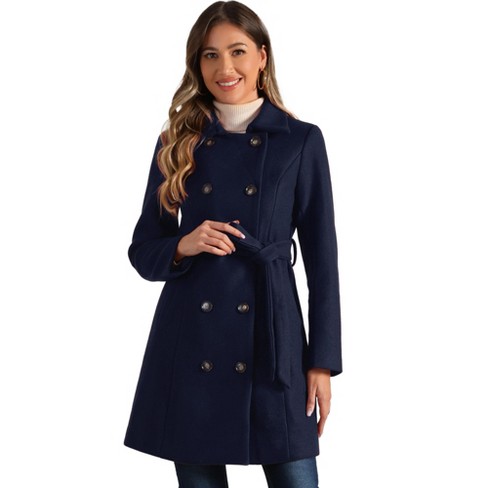 INSPIRE CHIC Women s Winter Peter Pan Collar Double Breasted Slant Pocket Button Down Belted Pea Coats Dark Blue Small