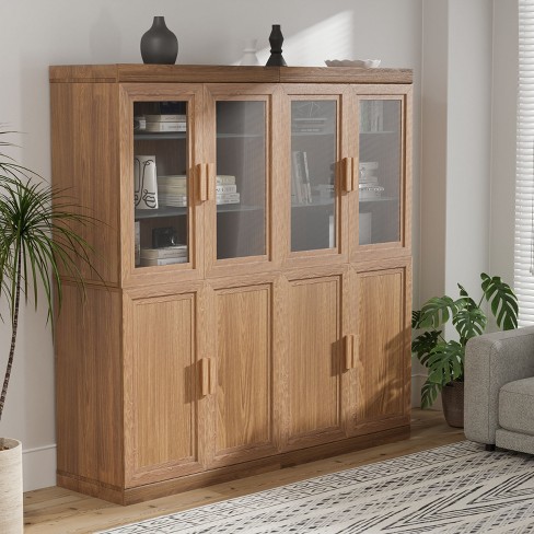 Dovelina Natural Wood Grain Decorative Bookshelf With Doors And ...