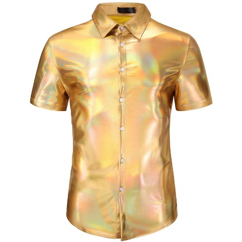 Lars Amadeus Men's Button Down Short Sleeves Shiny Metallic Holographic ...