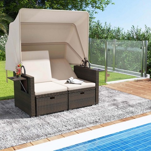 Costway Outdoor Patio Rattan Daybed with Retractable Canopy Adjustable Backrests Beige