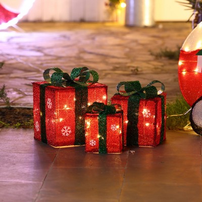 Luxenhome Set Of 3 Red And Green Presents With Bows Lighted Led Indoor ...