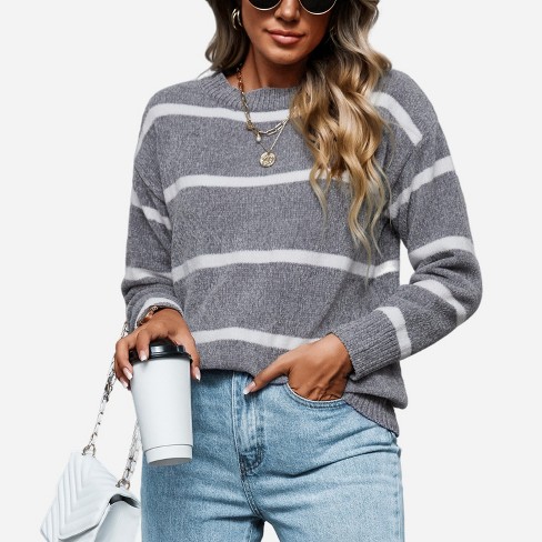 Women's Striped Drop Sleeve Sweater - Cupshe -light Grey : Target