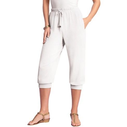 Roaman's Women's Plus Size Drawstring Soft Knit Capri Pant - M, White ...