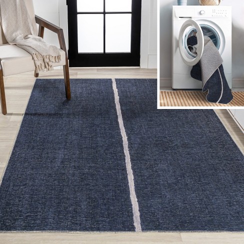 3' X 5' Linja Solid Centre Stripe Machine-washable Area Rug, Navy/ivory ...