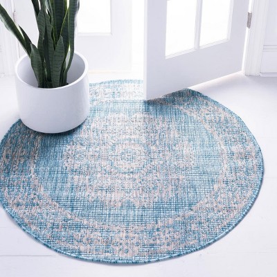 Unique Loom 4' 0 X 4' 0 Round Indoor/outdoor Trellis Light Aqua Area ...