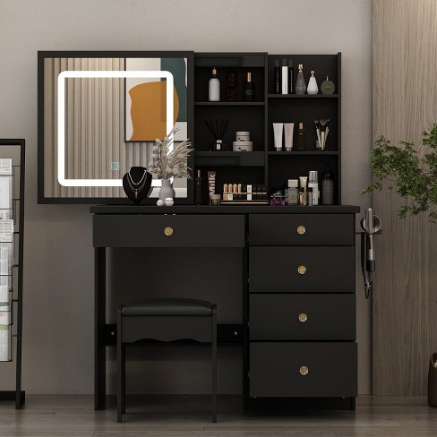 Hitow Black Vanity Table With Sliding Mirror, Side-mounted Hanger And ...