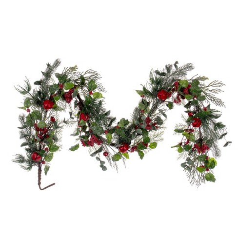 Vickerman 5' Green Artificial Holly Pine And Red Jingle Bell Garland ...