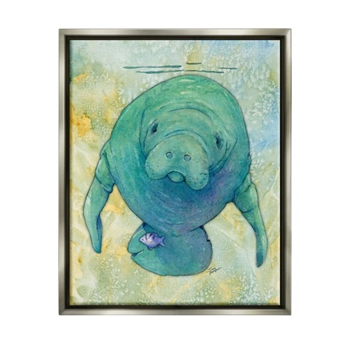 Stupell Industries Green Manatee Underwater Framed Floater Canvas Wall ...