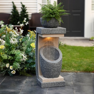Luxenhome Gray Resin Column And Bowl Sculpture Outdoor Fountain With ...