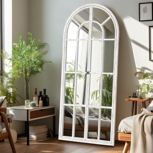Dovelina Arched Wood Frame Window Pane Mirror Decorative Full Length ...