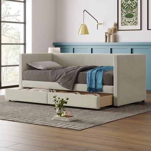 Twin Size Corduroy Daybed With Two Drawers And Wood Slat, Beige ...