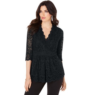 Roaman's Women's Plus Size Surplice Lace Top - 14/16, Black : Target