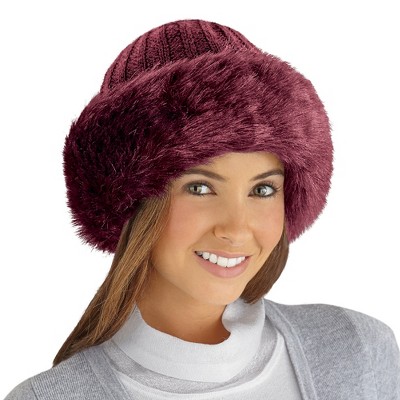 Collections Etc Faux Fur Trimmed Winter Fashion Hat One Size Burgundy ...