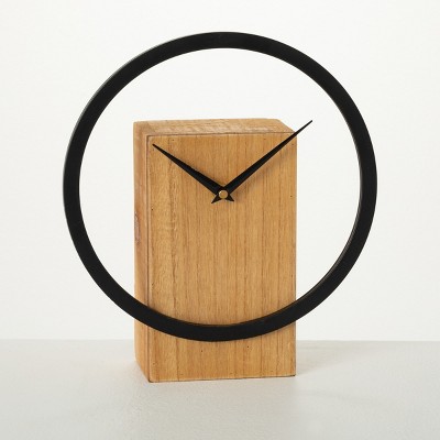 14"x9" Wooden Geometric Two-toned Clock With Wood Accents And Gold Semi ...