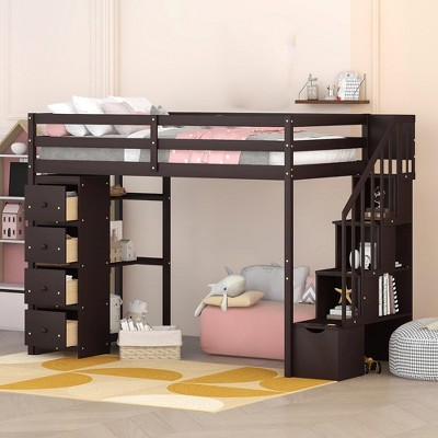 Twin Size Loft Bed With Guardrails, Wood Loft Bed Frame With Storage ...