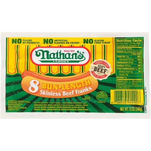 Nathan's Famous Bun Length Skinless Beef Franks - 12oz/8ct : Target