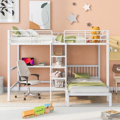Xiyuyeu Twin Over Full Bunk Bed Metal Bed Frame With Desk, 4 Shelves, Ladder And Guardrail : Target