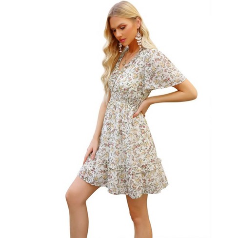 Womens V Neck Dress Floral A Line Dress Batswing Sleeve Flutter Hem ...