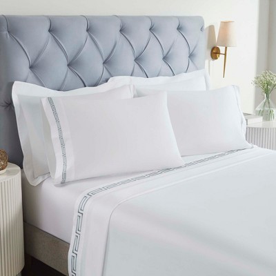 Cotton Greek Key Embroidered Sheet Set, Twin Extra Long, White-silver ...