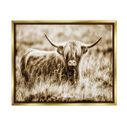 Stupell Industries Vintage Cow In Pasture Animal Photo Gold Floater ...