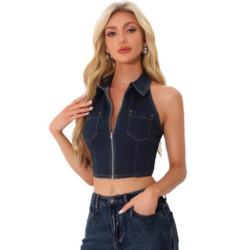 Allegra K Women's Zipper Up Collared Sleeveless Jean Halter Denim Top ...