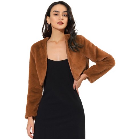 Allegra K Women's Cropped Open Front Collarless Long Sleeve Faux Fur ...